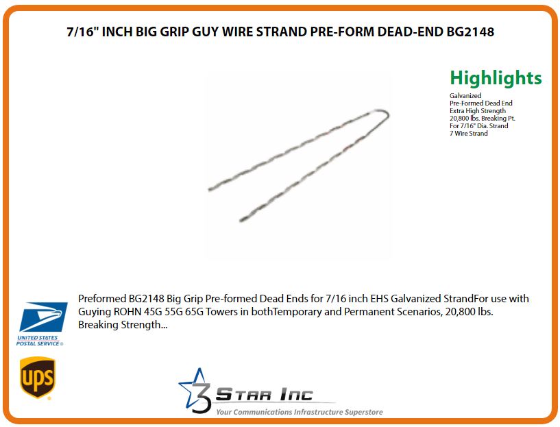 7/16" inch Big Grip Guy Wire Strand Preform Dead-End BG2148 | 3 Star ...
