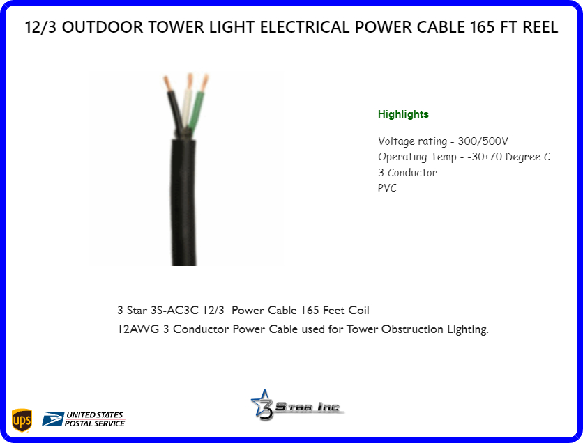 12/3 Outdoor Tower Light Electrical Power Cable 165 Ft Reel | 3 Star ...